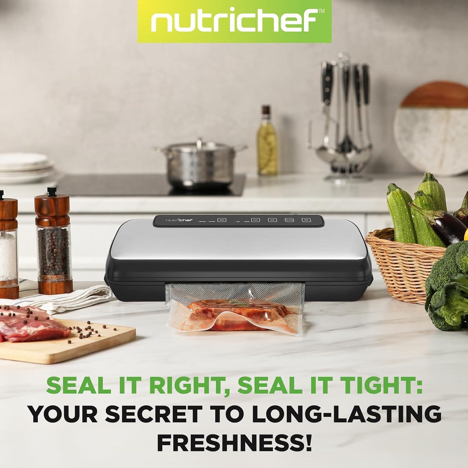 NutriChef Food Vacuum Sealer Machine, 110W Stainless Steel Automatic ...