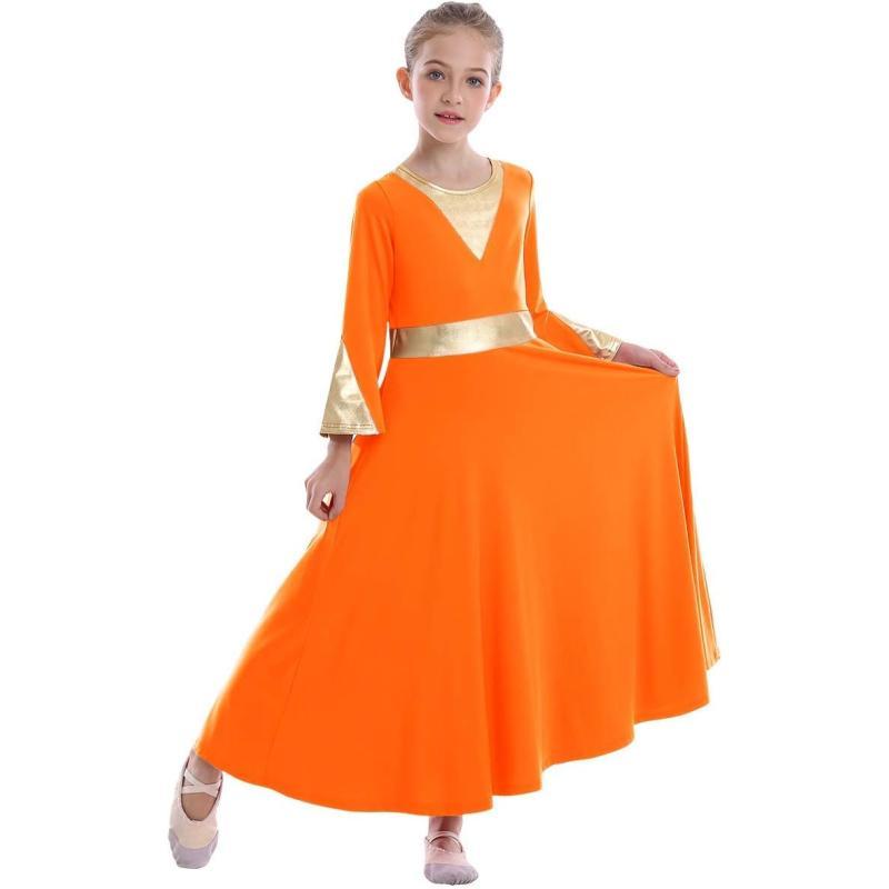 Girls Bell Long Sleeve Praise Dance Dress Metallic Belt Liturgical ...